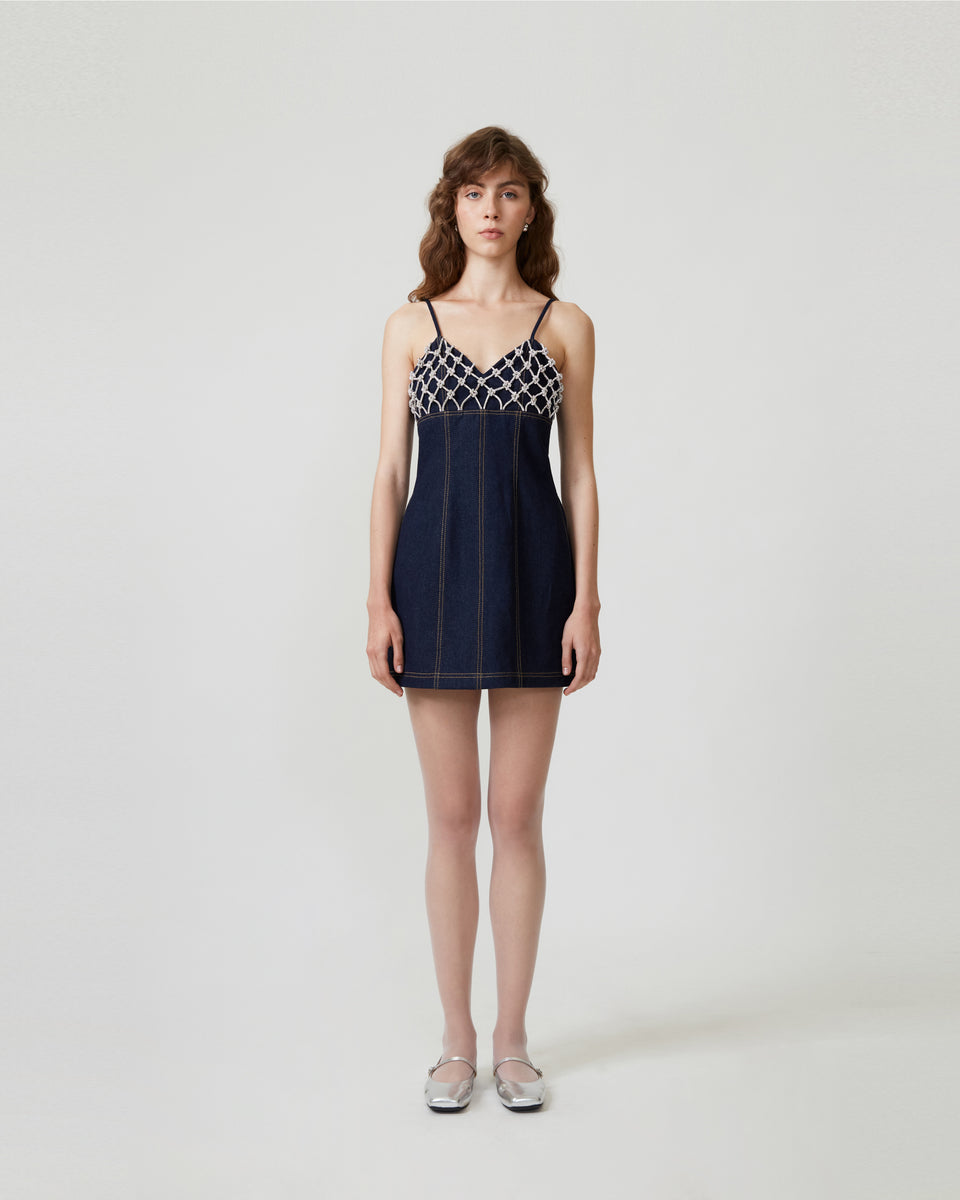 DISAYA l Denim dress crystal Macrame