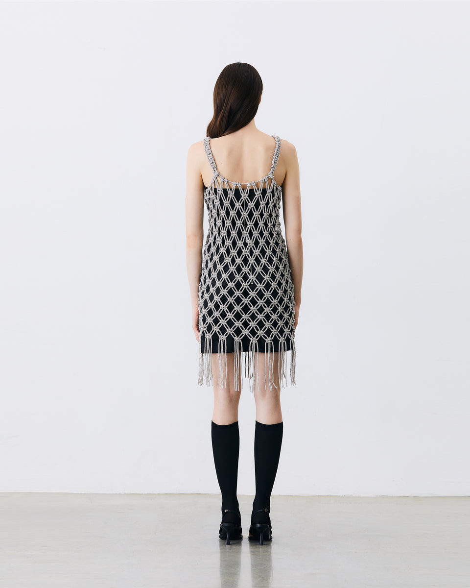 Disaya | Crystal macrame mini dress with black satin separate pieces ...