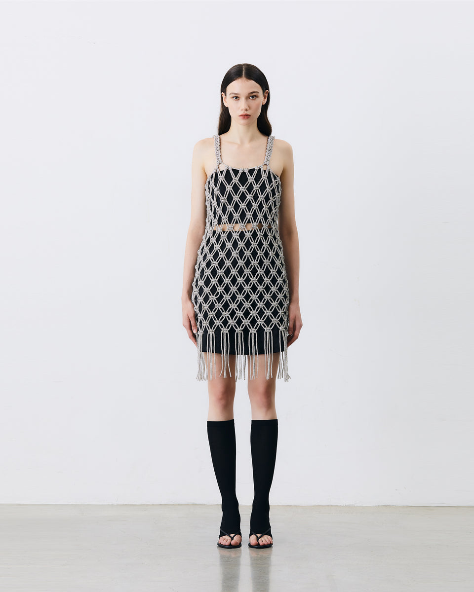 Disaya | Crystal macrame mini dress with black satin separate pieces ...