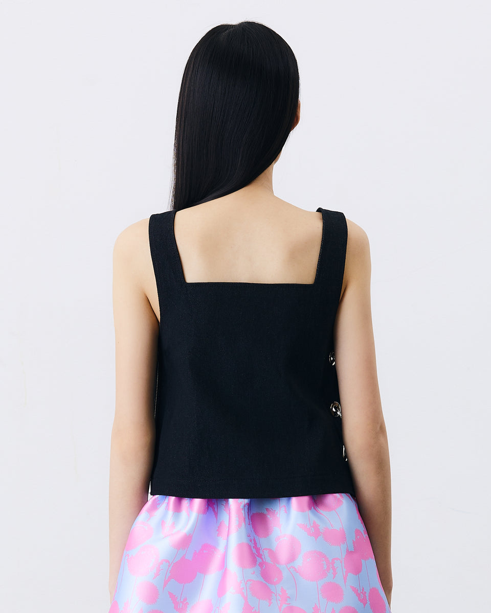 DISAYA l Black denim square neckline top with triple DISAYA logo