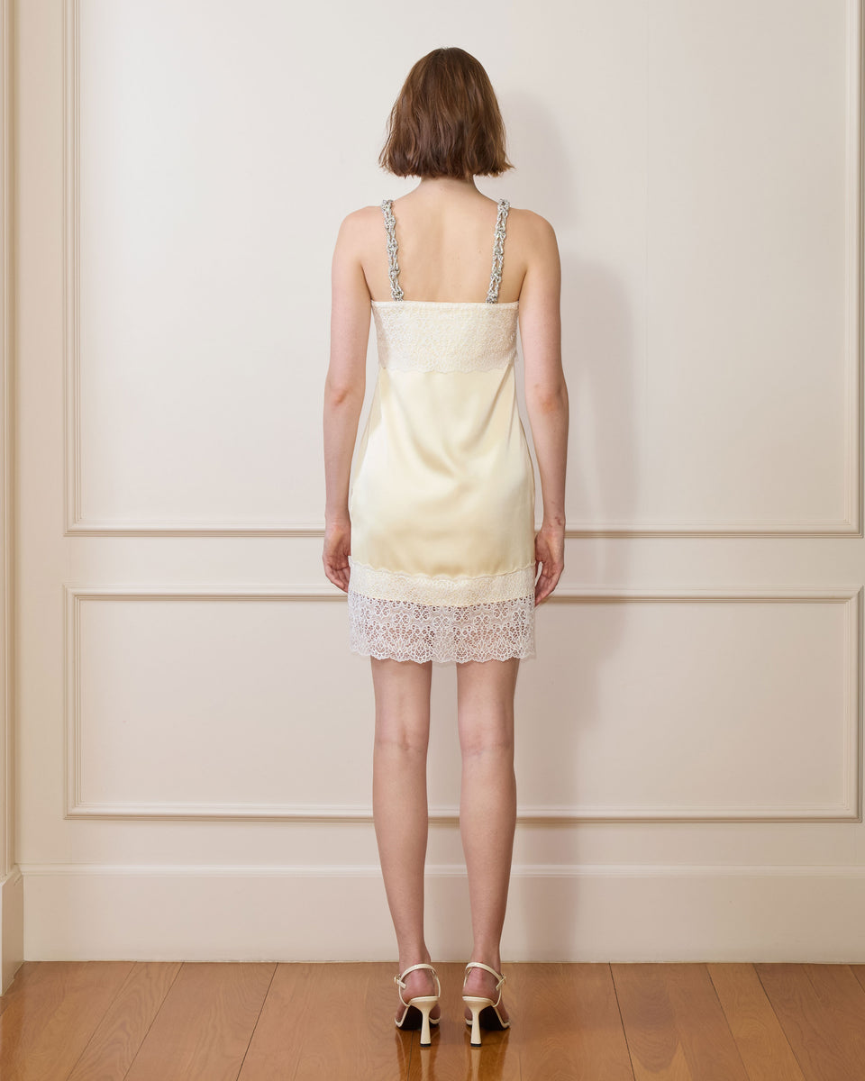 DISAYA | Lune-Petal Macrame Crystal Mini Dress