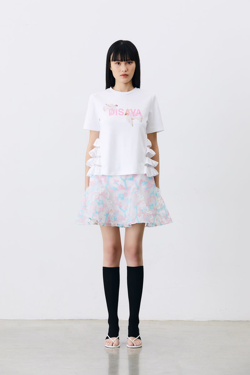 DISAYA | White T-shirt with DISAYA digital print and insert ruffle at